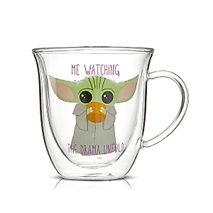 JoyJolt Watching The Drama Unfold Grogu 13.5oz Coffee Mug, Double Wall Mug Set of 2. Large Espresso Cups, Cappuccino or Latte Cup. Mandalorian Star Wars Mugs, Glass Coffee Cup, Insulated Coffee Mug