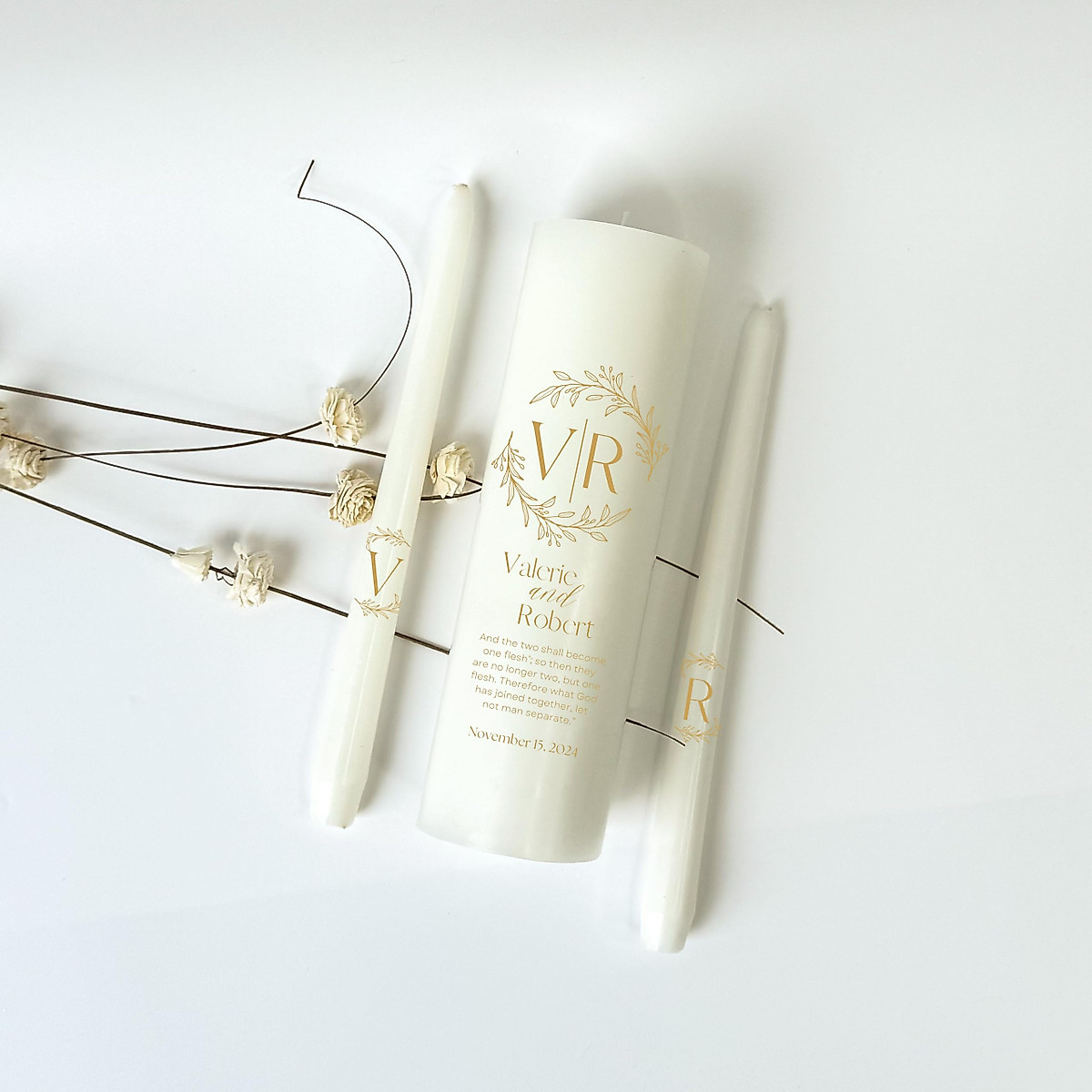 Unity Candles for Wedding, Unity Set, Custom and Personalized Pillar and Taper Candles with Bible Quote, Unscented White Premium Wax, Religious and Wedding Ceremony, Special Events (Goldie)