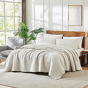 Beige 100% Cotton Quilt California Cal King Size Bedding Sets with Pillow Shams, White Oversized Lightweight Soft Bedspread Coverlet, Tan Cream Bed Cover for All Season, 3 Pieces, 118x106 inches