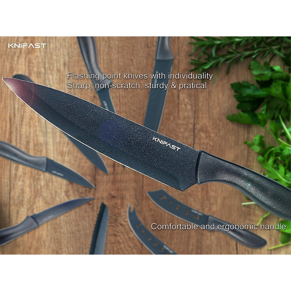 KNIFAST Knife Set Stainless Steel 18 Pieces with Block Dishwasher Safe, Kitchen Knives Set Chef Knife Set with Knife Sharpener, 6 Steak Knives with Peeler Scissors Cheese Pizza Knife and Acrylic Stand