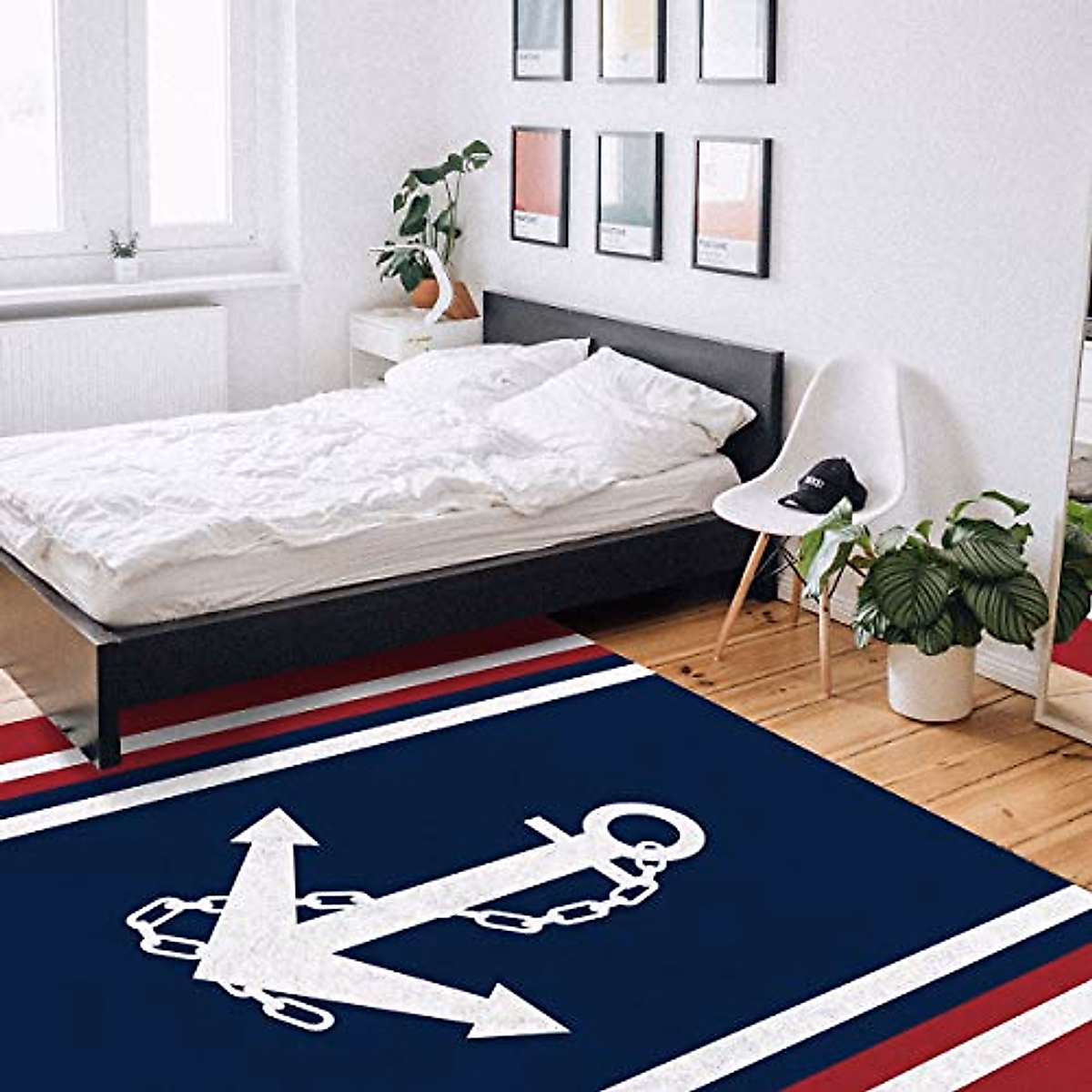 Advancey Indoor High-Low Area Rug 2'x3'Nautical Navy Blue Anchor with Red White Stripe Throw Rugs Runner for Entryway,Bedroom,Living Room