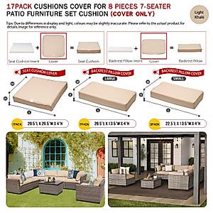 ClawsCover 17Pack Outdoor Seat and Back Cushions Replacement Covers Fit for 8 Pieces 7-Seater Wicker Rattan Patio Furniture Conversation Set Sectional Couch,Light Khaki-Include Cover Only