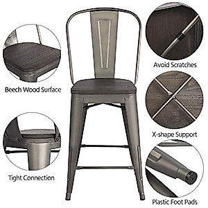 Yaheetech Metal Stools Bar Chairs Stackable Industrial Height Stool Kitchen Chair with Wood Top/Seat and High Back Indoor/Outdoor Bistro Cafe Side Chairs Barstools Set of 4 Gun, Gunmetal