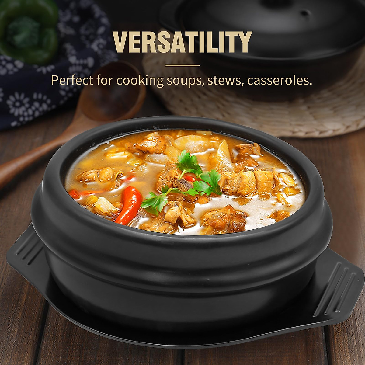 laffoonparts Korean Cooking Stone Pot Set, Premium Ceramic, D 6.3'' Stone Bowl Sizzling for Bibimbap and Soup, Korean Bibimbap Pot w/Tray & Stainless Steel Spoon No Lid