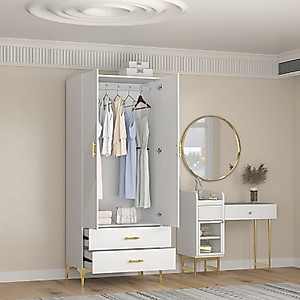 vinform Wardrobe Armoire with 2 Doors, 2 Drawers and Hanging Rods, Twill Wood Closet Storage with Metal Cabinet Legs, White 20.4" D x 31.5" W x 76.77" H (Left Modern)