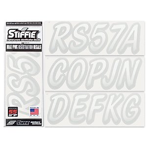 STIFFIE Whipline White/Silver SUPER STICKY 3" Alpha Numeric Registration Identification Numbers Stickers Decals for Sea-Doo SPARK, Inflatable Boats, RIBs, Hypalon/PVC, PWC and Boats.