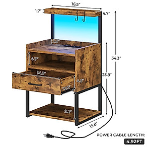 VIAGDO Nightstand with Charging Station and LED Lights, Rustic Brown Night Stand with Drawer, Modern End Side Table with Open Storage Shelves, Bedside Tables for Bedroom, Office