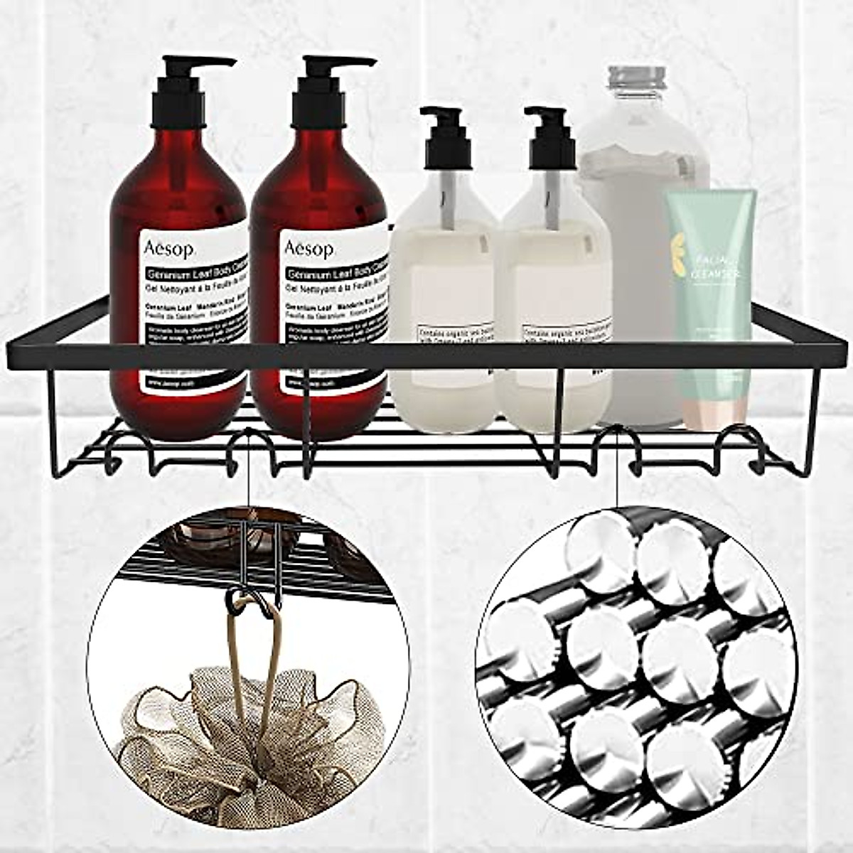 KAREEME Shower Caddy, Shower Shelf with 8 Hooks, 5-Pack Self Adhesive Bathroom Shower Organizer with 2 suction cup hooks, No Drilling Stainless Steel Rustproof Shower Shelves for Inside Shower(Black)