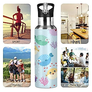 Dussdil Pufferfish Coral Hearts Water Bottle Kid's Vacuum Insulated Tumblers Stainless Steel Cup BPA Free with Handle Straw Lid for Boys Girls Gifts 34 Oz