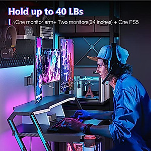 MOTPK Full-Sized Monitor Shelf Gaming Desk with LED Lights 39 Inch, Gaming Table with Storage Shelf, Ergonomic Gamer Desk with Carbon Fiber Texture, Computer Desk with Stable Frame, Black, Gift Idea