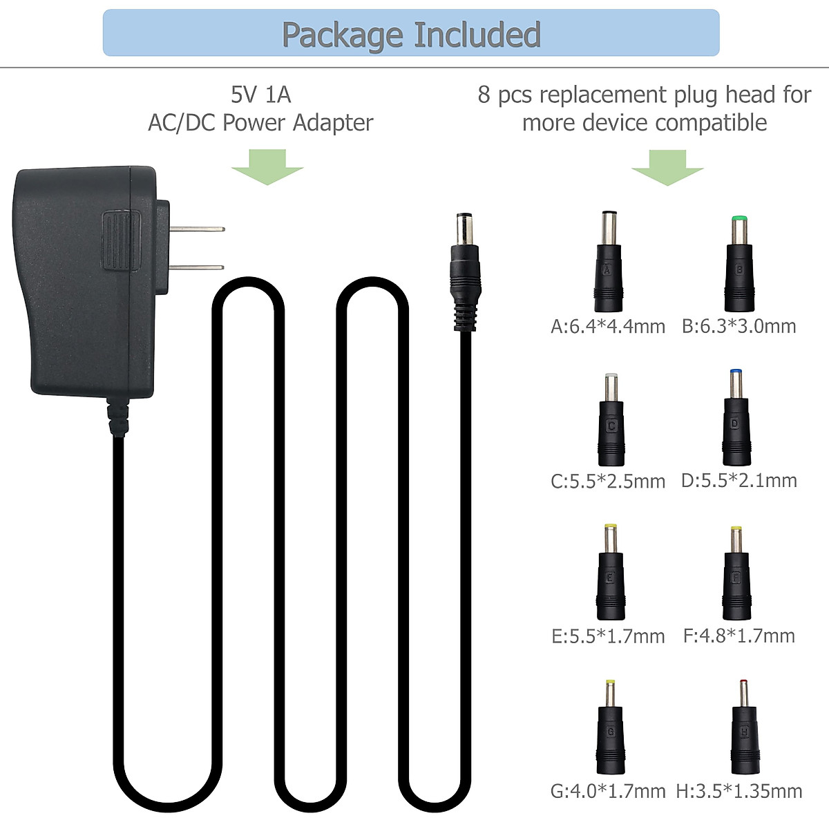 Excelity AC-DC 5V 1A Wall Charger Power Adapter with Plug 5.5 x 2.5mm / 5.5 x 2.1mm