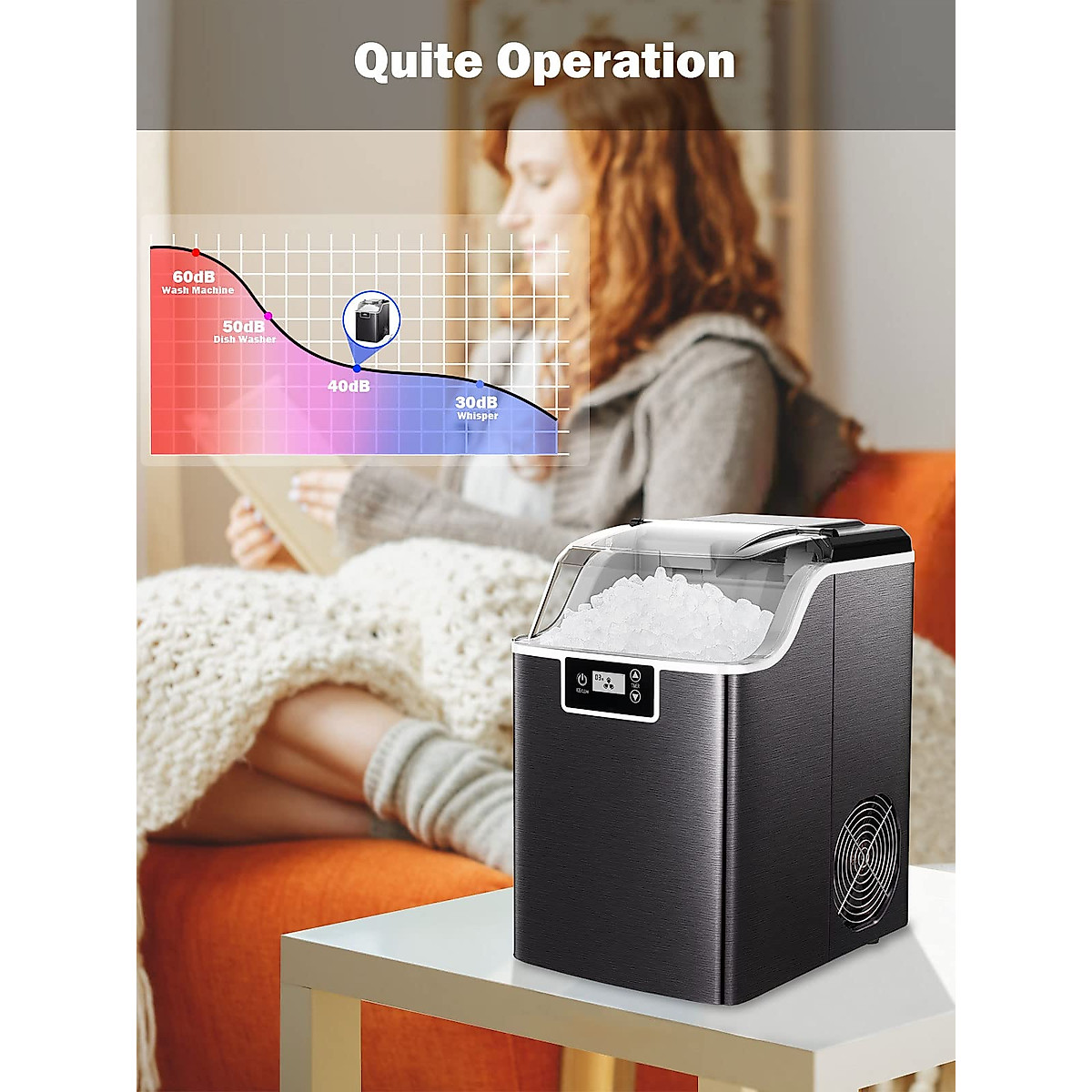 Kndko Nugget Ice Maker with Chewy Ice,High Ice-Making of 45lbs/Day/14,000pcs, Self-Cleaning,24-Hour Timer for Home Kitchen Bar Party,Bright Black Stainless Steel