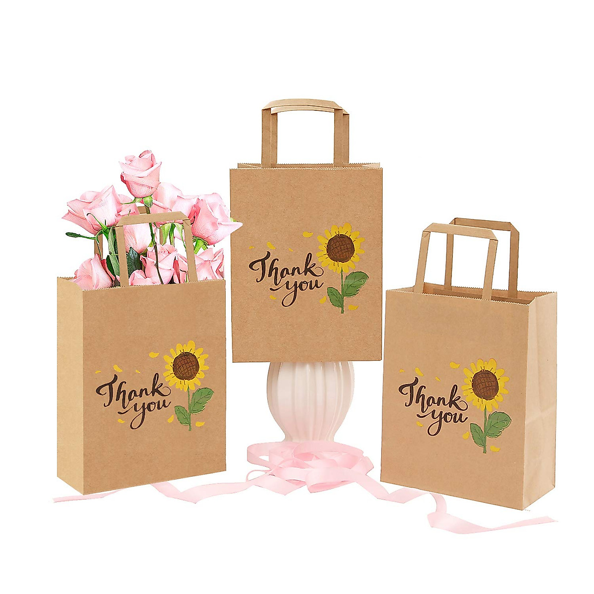 Cmecial 50Pcs 10x8x4.7 Thank You Gift Bags Bulk, Thank You Bags for Business Small, Sunflower Paper Gift Bags with Handles Bulk, Thank You Paper Bags with Handles Bulk, Small Gift Bags Retail bags (B)