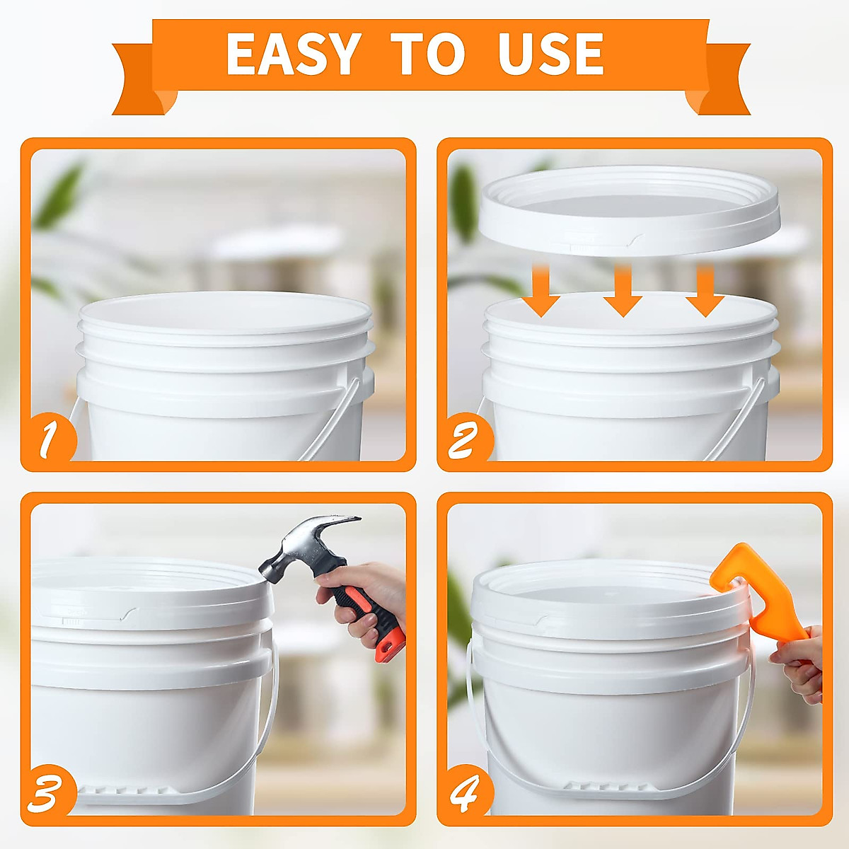 6 Pcs 5 Gallon Plastic Pail Lid 5 Gallon Bucket Lid for 3.5, 5, 6, and 7 Gal Buckets with 2 Plastic Bucket Lid Opener Industrial Can Opener for Home Industrial Use, Food Storage Container