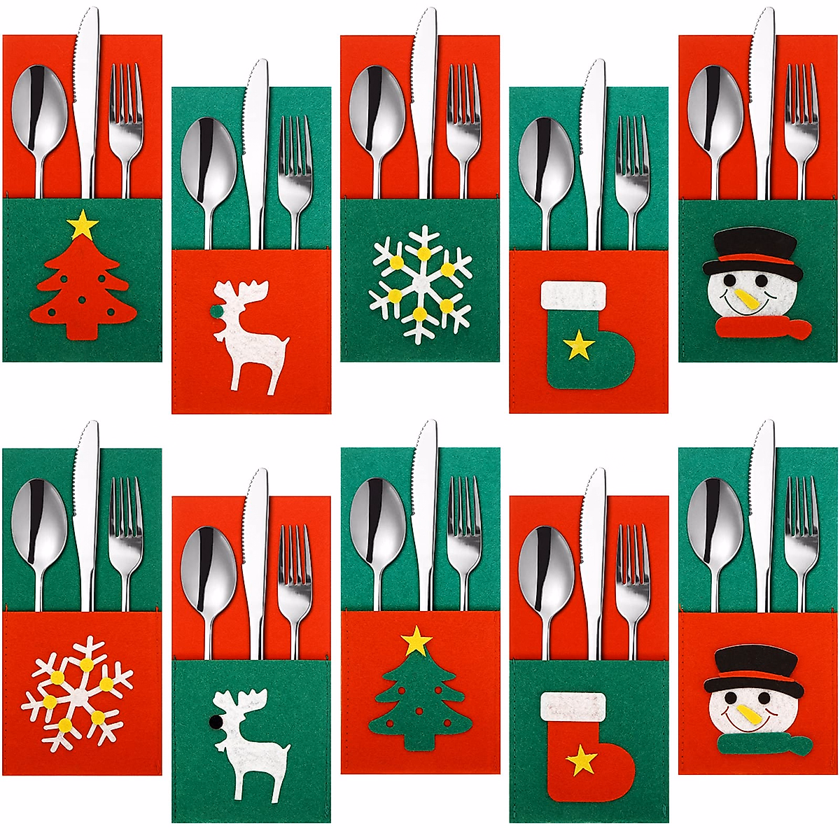 10 Pieces Christmas Silverware Holder Pocket Tableware Cutlery Organizers Felt Xmas Tree Snowman Reindeer Snowflake Stocking Knife Fork Flatware Bags Christmas Party Dinner Table Supplies