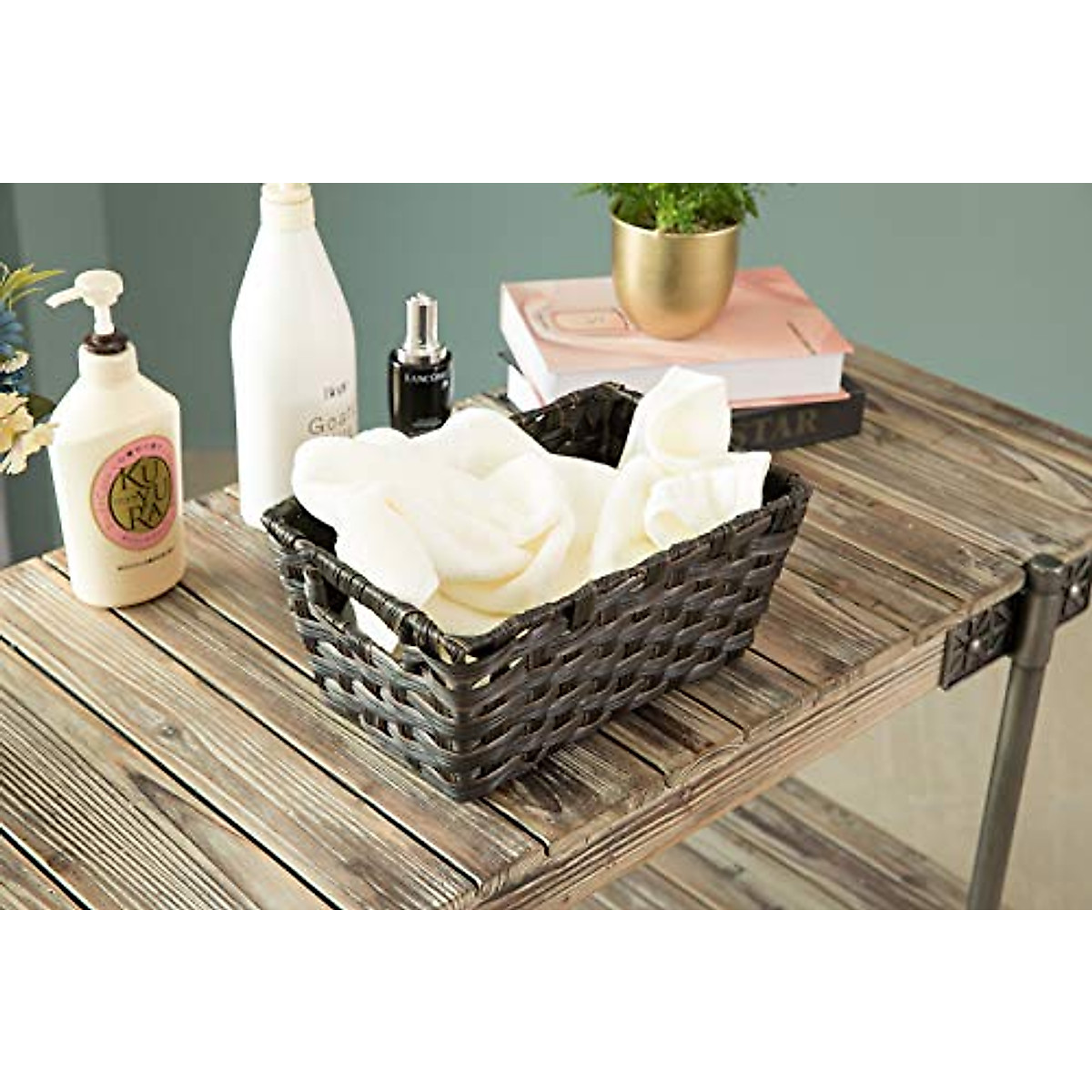 Black Plastic Wicker Shelf Basket Organizer, Set of 3