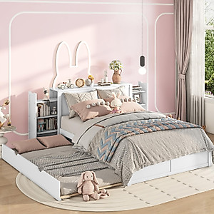 Queen Size Storage Bed with Trundle, Wood Platform Bed Frame with Storage Shelves Headboard and Twin Size Trundle Bed, Wooden Queen Beds for Kids Boys Girls Teens, White