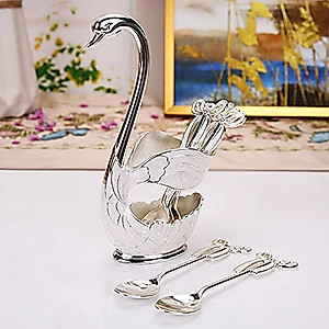 Metal Spoon Set Includes Swan Base Holder And 6 Spoons, Coffee Dessert Flatware Dinnerware Set With Organizer (Silver)
