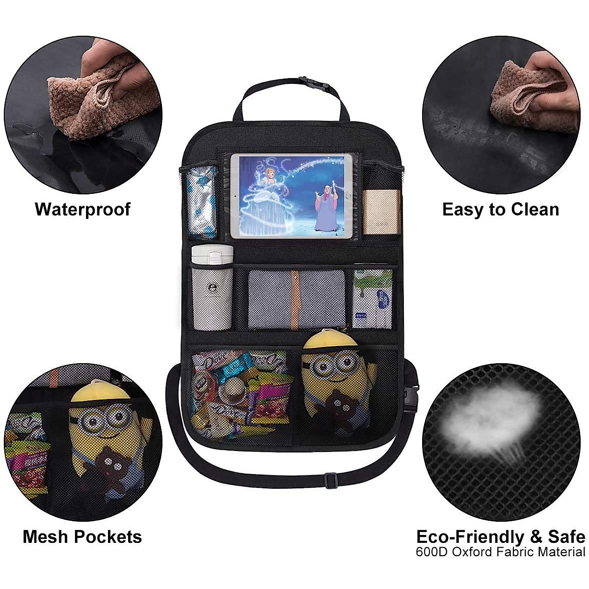 ONE PIX Backseat Car Organizer Mats Back Seat Organizers and Storage Bag with Touch Screen Tablet Holder for Kids Toddlers Seats, Travel Accessories, Road Trip Essentials (2PCS)