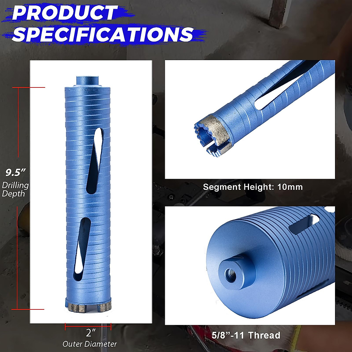 DaduoRi 2" Dry Core Drill Bit for Brick and Block with 3 Adapters Included: SDS Plus, SDS Max and 1/2" Hex Shank, 9.5" Drilling Depth Core Bits for Soft Concrete,Brick,Stucco,Masonry, 5/8"-11 Thread