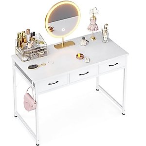 ODK 40 Inch Small Computer Desk with 3 Cloth Drawers for Home Office, Vanity Desk with Storage and Hook for Bedroom, Work Desk, Study Writing Table, White
