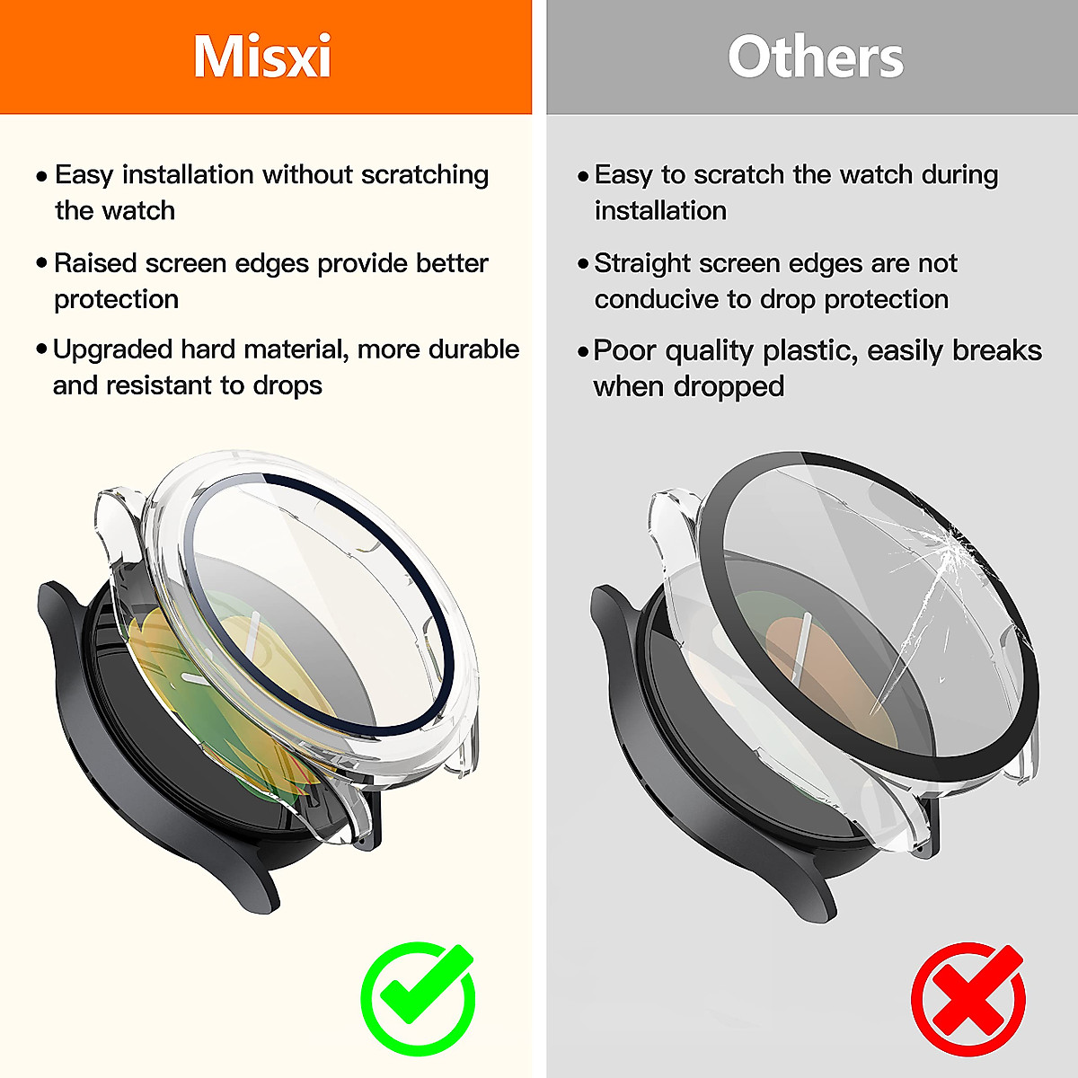 Misxi 2-Pack Hard PC Case with Screen Protector for Samsung Galaxy Watch 5 Galaxy Watch 4 40mm, Ultra-Thin Scratch Resistant Cover with Tempered Glass, 1 Black + 1 Transparent