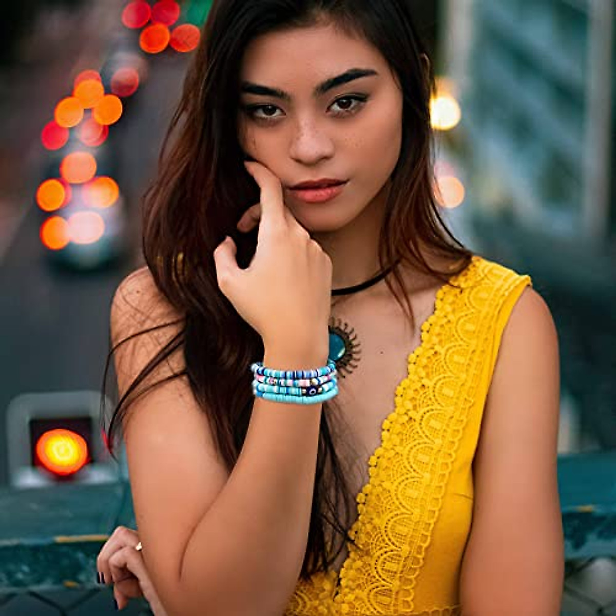 16Pcs Preppy Beaded Bracelets Set for Women Teen Girls,Colorful Heishi Clay Bead Bracelets Stackable Stretch Bracelet Gold Beaded Evil Eye Pearl Shell Summer Beach Surfer Boho Bracelets Aesthetic Y2K