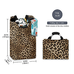 CaTaKu Leopard Brown Collapsible Laundry Baskets, Dirty Clothes Hampers for Laundry, Cheetah Print Large Hamper with Handles, Laundry Room Organization and Storage