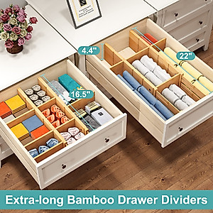 Vriccc 4.4" High Bamboo Drawer Dividers with Inserts, Kitchen Adjustable Drawer Organizers, Expandable Organization for Home, Office, Dressers, and Bathroom, 4 Divider with 8 Insert