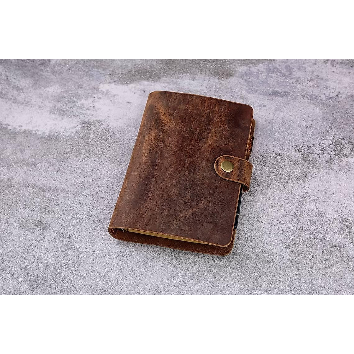 Personalized refillable 6 ring rustic leather A6 journal cover with pen holder, unique leather A6 refill planner binder sketchbook NA605SS