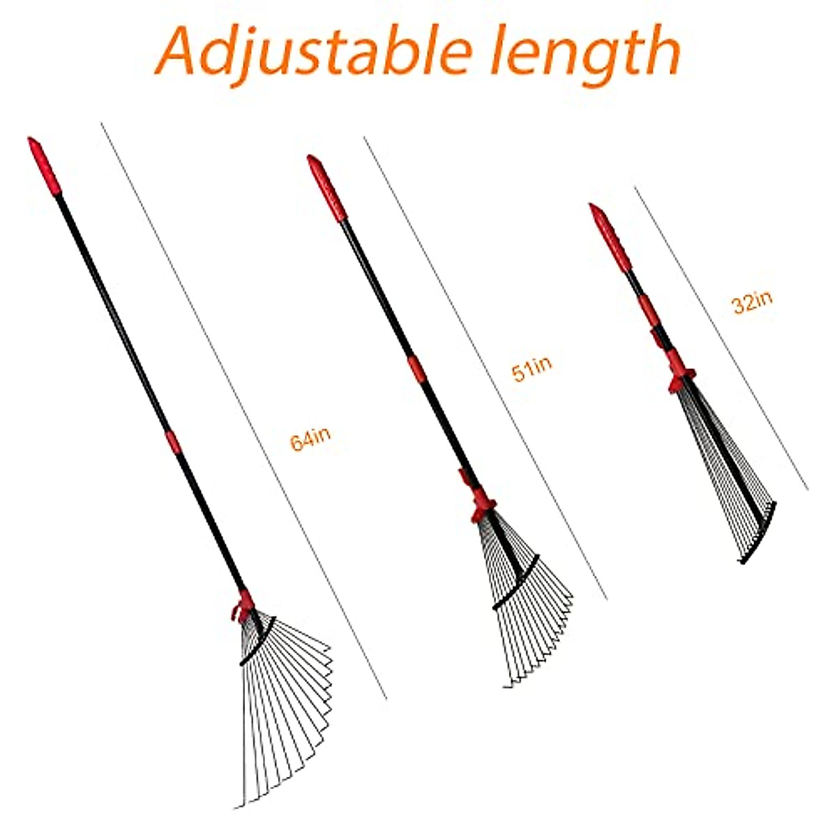 HXBYX 64 Inch Garden Leaf Rake, 15 Metal Tines, Adjustable Handle and Rake Tooth Spacing, Yard Leaf Rake for Picking up Leaves, Grass Clippings, Shrubs, Garbage and More