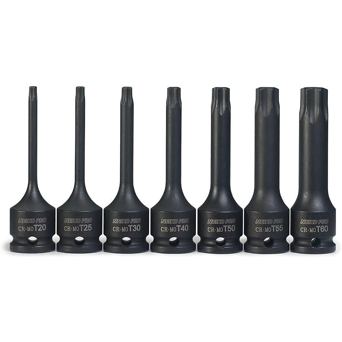 NEIKO 01132B 3/8” Drive Torx Star Driver Bit Socket Set | 7 Piece | T20 to T60 | 3” Length | Cr-Mo Impact Grade