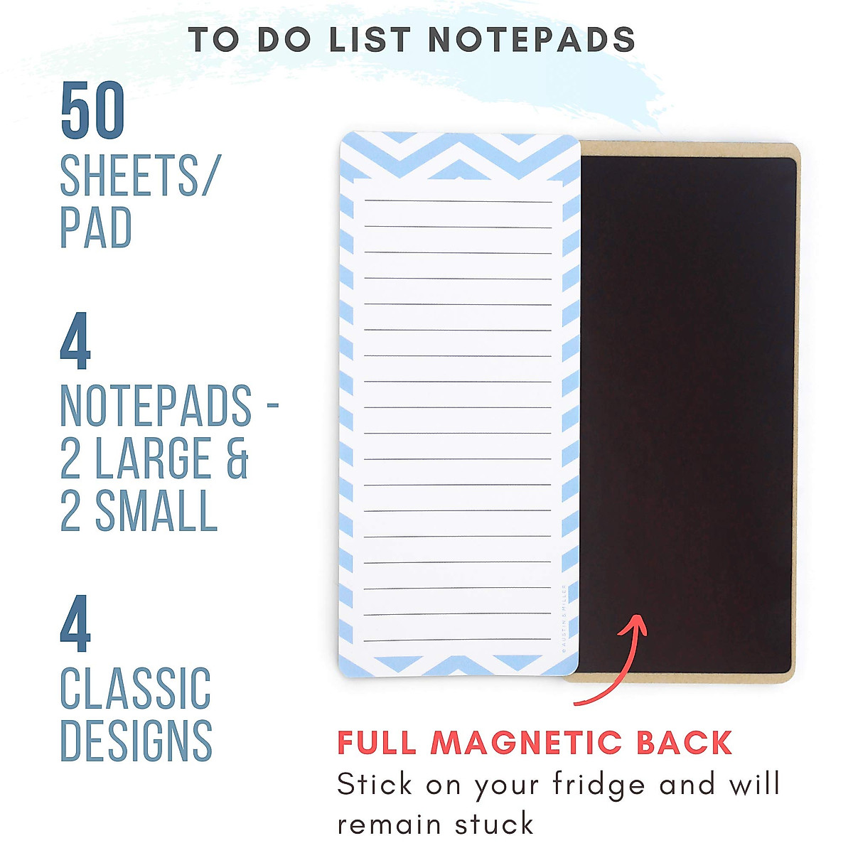 Magnetic Notepads in Large and Small Sizes for Fridge (4 Pack); Grocery Shopping List Pad, To-Do List, Reminders, Memo and Scratch Pad - Cute Modern Designs | Full Magnet Back | 50 Sheets per Note Pad