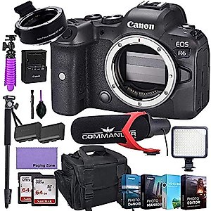 Canon EOS R6 Mirrorless Digital Camera (Body Only) and Mount Adapter EF-EOS R kit Bundled with Deluxe Accessories Like Pro Microphone, High Power LED, 4-Pack Photo Editing Software and More