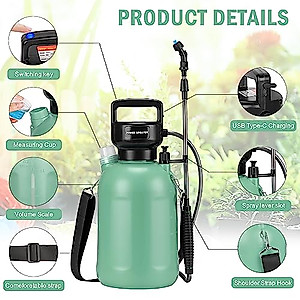 Garden Sprayer 1.35Gallon/5L Battery Powered Sprayer with USB Rechargeable Handle, Weed Sprayer with 3 Mist Nozzles, Portable Electric Sprayer with Shoulder Strap for Cleaning, Lawn, Green