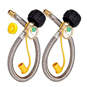 GUOFALDE 15 inch RV Propane Hoses with Gauge, 2 Packs Stainless Steel Braided Tank Gas Hoses Connector for Standard Two-Stage Regulator, 40Lb 250PSI, NPT /QCC1 Fittings