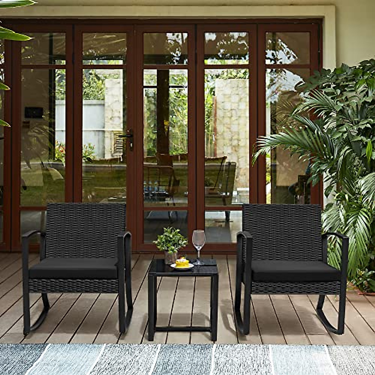 Greesum 3 Pieces Outdoor Furniture Set Patio Bistro Rocking Chairs with Glass Coffee Table for Pool Beach Backyard Balcony Porch Deck Garden, Black