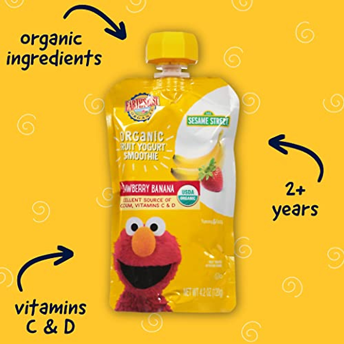 Earth's Best Organic Kids Snacks, Sesame Street Toddler Snacks, Organic Fruit Yogurt Smoothie for Toddlers 2 Years and Older, Strawberry Banana, 4.2 oz Resealable Pouch