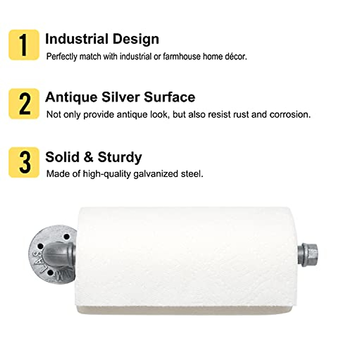 HouseAid Industrial Pipe Paper Towel Holder for Kitchen, Vintage Style Heavy Duty DIY Rustic Paper Towel Rack, Wall Mount, Antique Silver