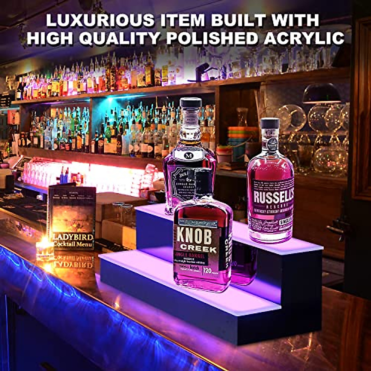QUDEISB 16 Inch LED Lighted Liquor Bottle Display Shelf 2 Step Liquor Bottle Display with Remote Control 2 Tier Liquor Light Display for Commercial Home Bar Lighting