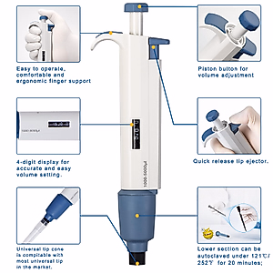 Huwazine Micropipette 1-5ml, Adjustable Pipettor for Laboratory, Single Channel Lab Pipette,Half-Autoclavable 1000-5000ul
