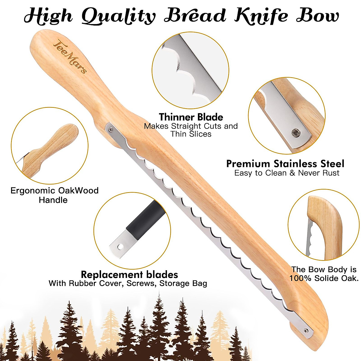 TeeMars Bread Slicer Knife for Homemade Bread, 16.5" Premium Oakwood Serrated Bread Knife with Bow Design, Ergonomics Handle, Solid & Easy to Cut, Stainless Steel, Replacement Blades, Rubber Cover