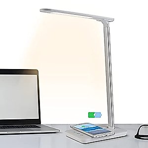 Fasiphe LED Foldable Desk Lamp with Wireless Charger and USB Port, Touch Control, Cold and Warm with 3 Levels Brightness Eye-Protective Reading Lights, Table Lamps for Home Office White