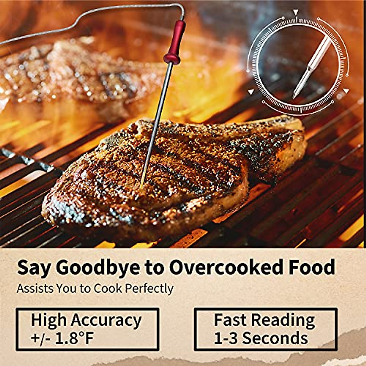 YIOU Wireless Meat Thermometer for Cooking, Digital Meat Thermometer with 4 Probes, 500FT Ultra Accurate & Fast Food Thermometer for Oven, Smoker, Red