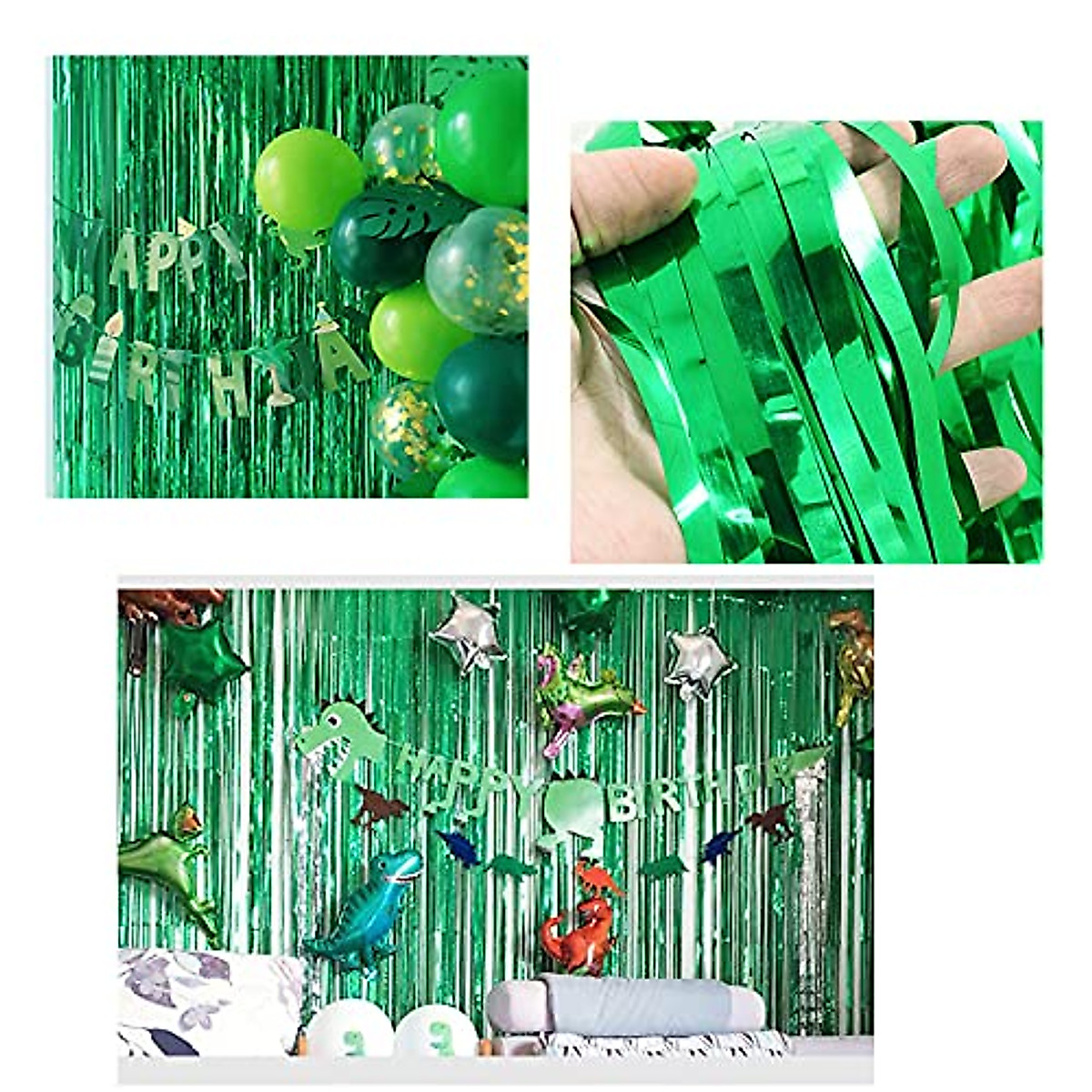 2 Pack Green Foil Curtains 3.2 ft x 8.2 ft Metallic Tinsel Fringe Backdrops Photo Booth Props for Birthday Wedding Christmas Bridal Shower Bachelorette Holiday Party