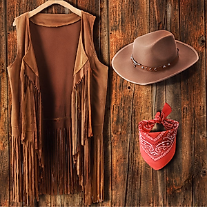 PARTTELY Western Cowgirl Outfits for Women, 70s Hippie Costume Cowgirl Tassels Fringe Vest, Cowboy Hat for Women, Bandana