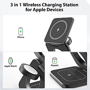 KU XIU X40 Magnetic Wireless Charger, 3 in 1 Charging Station for Apple Devices, Foldable Portable 15W Fast Charging Stand for iPhone 15 14 13 12 Pro Max & Apple Watch, AirPods (Adapter Included)