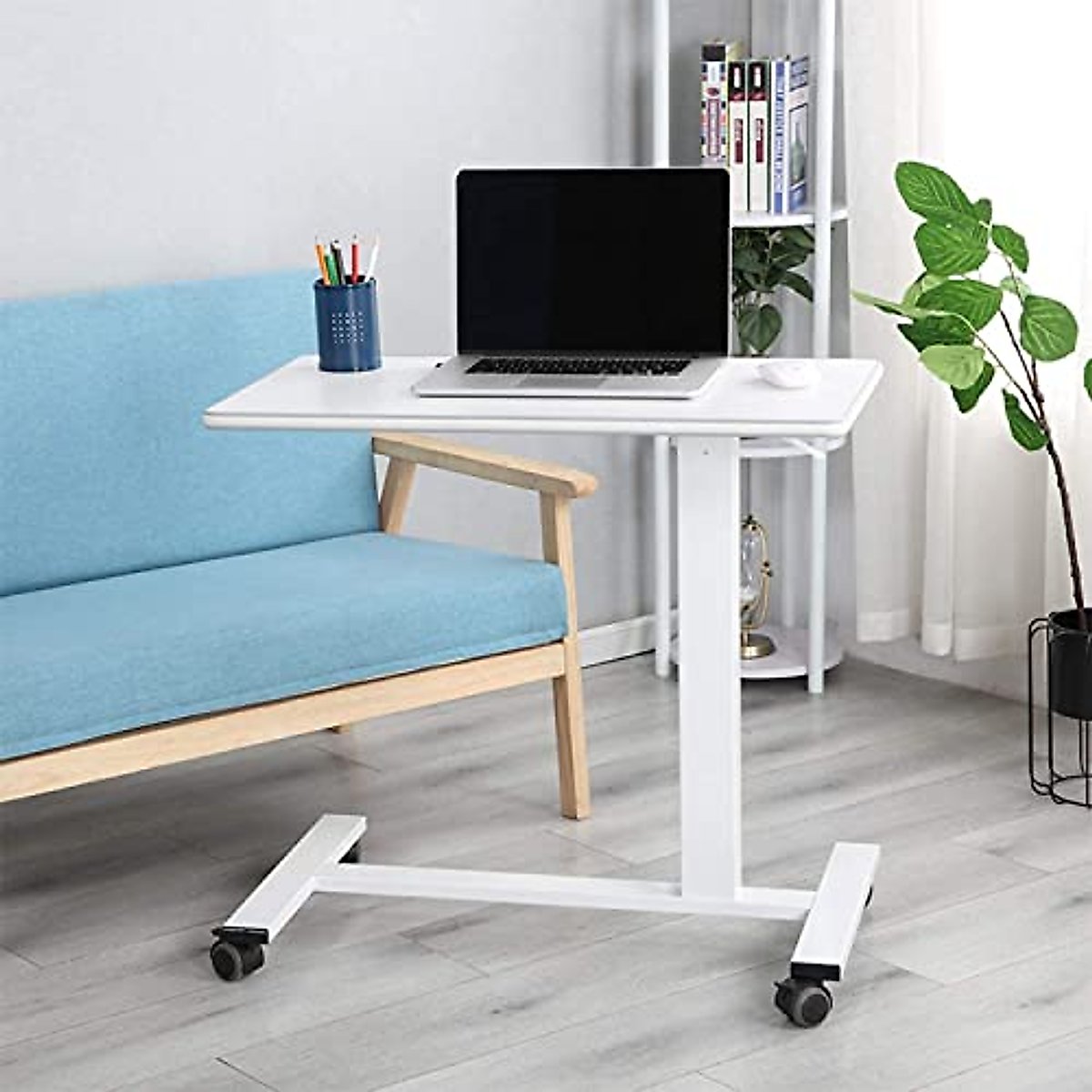 TigerDad Pneumatic Adjustable Overbed Table with Gas Spring Riser | Medical Adjustable Bed Side Table with Wheels | Portable Standing Desk for Laptop Computer with Large Work Space 30.7"x 17"