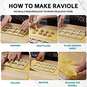 MUMSUNG Ravioli Maker Press, Ravioli Press Mold Set - 1.85" Squares Ravioli Stamp Maker Cutter with Wood Rolling Pin, 2.6" Empanada Maker Press Kit and Ravioli Wheel, Makes 8 Ravioli