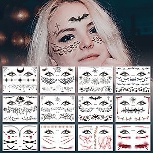 AUOCATTAIL 12 Count Halloween Temporary Tattoos Face Shoulder Arm Back Tattoos Stickers - Spider, Bat, Zombie, Scar for Death Day Makeup Face Tattoos for Women Men Party Supplies